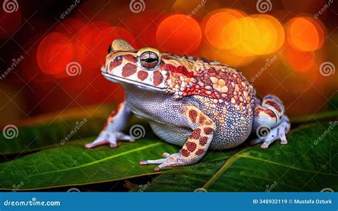 Yellow Harlequin Toad On Leave Full Body View Blurry Leaf S Background