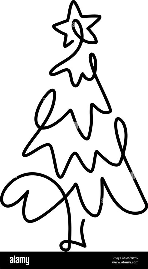 Christmas Vector Pine Fir Tree One Line Art With Star Continuous One