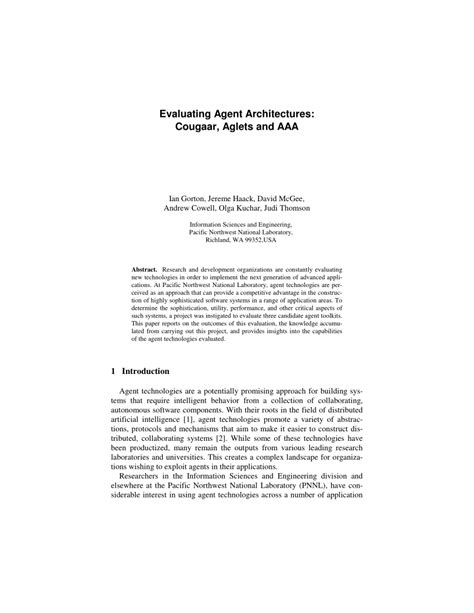 Pdf Evaluating Agent Architectures Cougaar Aglets And Aaa