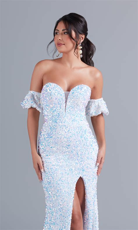 Puff Sleeve Long White Sequin Prom Dress Promgirl