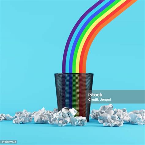 파란색 배경에 종이 쓰레기가 있는 휴지통의 무지개 색 3d 렌더링 창조적 인 최소한의 아이디어 개념입니다 구에 대한 스톡 사진 및 기타 이미지 Istock