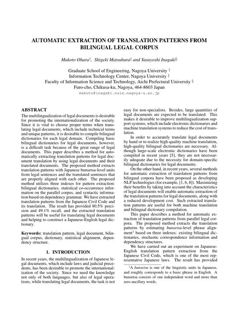 Pdf Automatic Extraction Of Translation Patterns From Bilingual Legal
