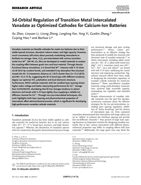 3d‐orbital Regulation Of Transition Metal Intercalated Vanadate As Optimized Cathodes For
