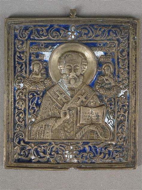 Икона «Святой Николай Чудотворец медное литье 2 х цветная эмаль Xix век 10 6 × 9 4см