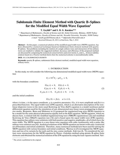 Pdf Subdomain Finite Element Method With Quartic B Splines For The Modified Equal Width Wave