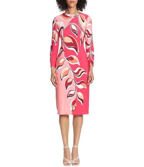 Maggy London Leaf Print Color Block Stretch Jersey Crew Neck 34 Sleeve