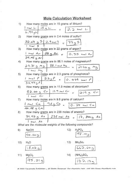 Mole Calculation Ws Pdf