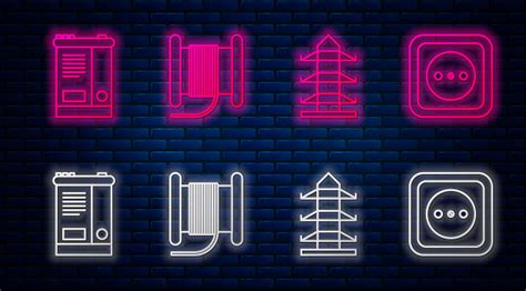 릴 이나 드럼 고전압 전신주 라인 자동차 배터리 및 전기 콘센트에 라인 와이어 전기 케이블을 설정합니다 벽돌 벽에 빛나는 네온