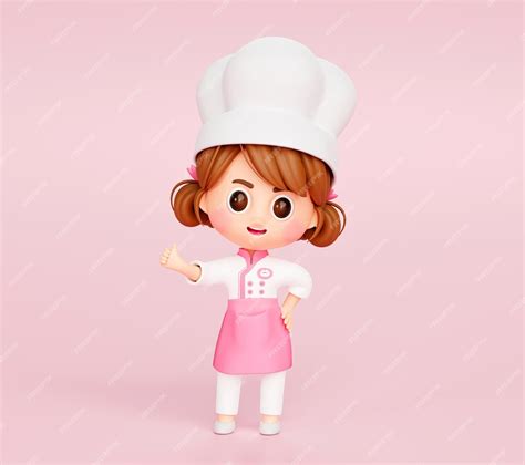 분홍색 배경 3d 그림 만화에 레스토랑 마스코트 캐릭터 로고를 엄지손가락으로 보여주는 유니폼을 입은 귀여운 요리사 소녀 무료 사진