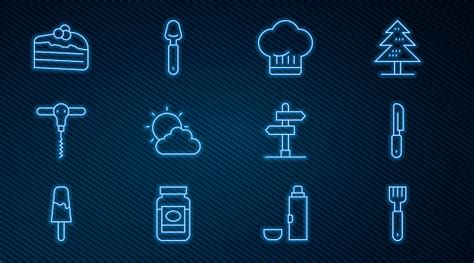 세트 라인 포크 나이프 요리사 모자 태양과 구름 날씨 와인 코르크 나사 케이크 조각 도로 교통 표지판과 숟가락 아이콘 벡터 교통에 대한 스톡 벡터 아트 및 기타 이미지