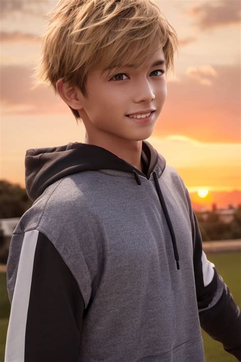 [ai Greem] 그림 남자 374 상업적으로 사용할 수 있는 Ai 금발 남자 청소년 어린이 미소년 훈남 실사화 캐릭터 무료 이미지 일러스트 노을 배경 해질녘