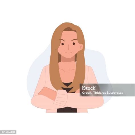 자신감 있고 행복한 여성 캐릭터 팔짱을 끼고 성공한 소녀 벡터 평면 그림 긴에 대한 스톡 벡터 아트 및 기타 이미지 긴 만화 명랑한 Istock