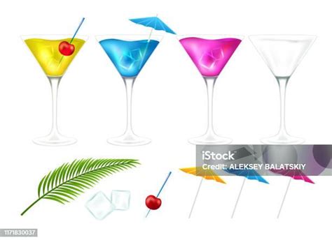 칵테일 장식 요소 음료 빈 유리 체리 움브렐 얼음 녹색 야자수 잎이있는 유리 0명에 대한 스톡 벡터 아트 및 기타 이미지 0