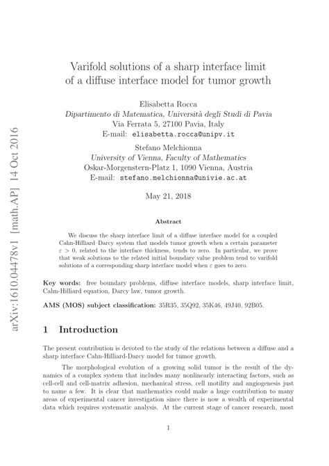 Pdf Varifold Solutions Of A Sharp Interface Limit Of A Diffuse Interface Model For Tumor Growth