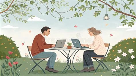 a couple is seated outside at a table each with their laptops open