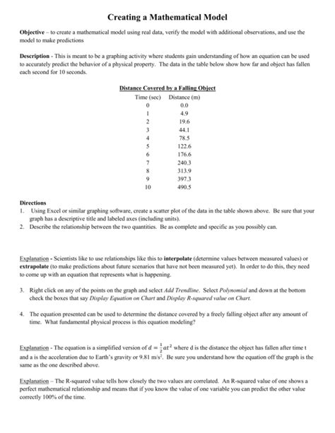 Falling Object Model Math And Physics Activity