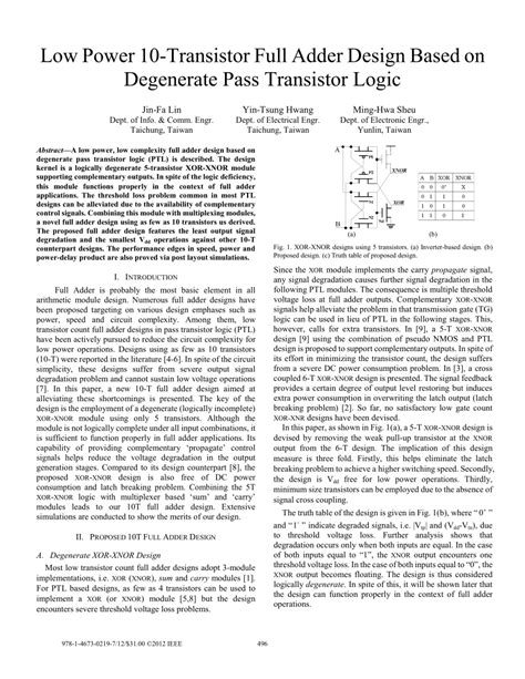 Pdf Low Power 10 Transistor Full Adder Design Based On Degenerate Pass Transistor Logic
