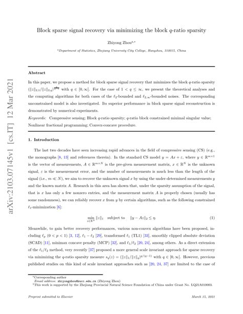 Pdf Block Sparse Signal Recovery Via Minimizing The Block Q Ratio