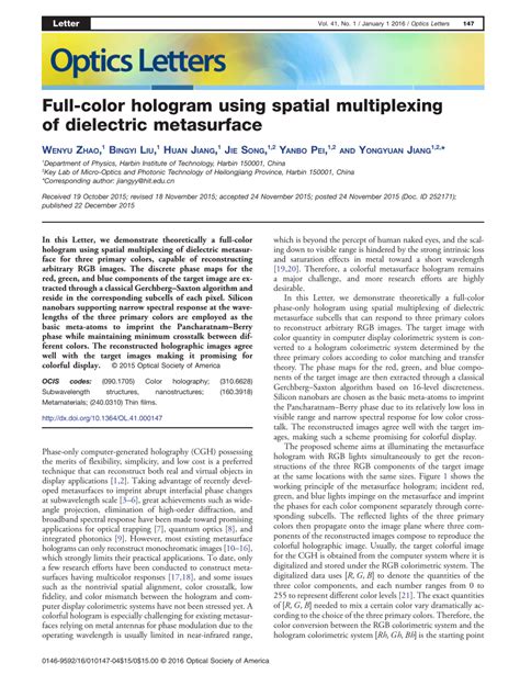 Pdf Full Color Hologram Using Spatial Multiplexing Of Dielectric Metasurface
