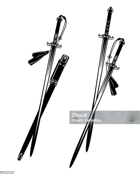 양식에 일치 된 전통적인 아시아 긴 칼 교차 블레이드 흑인과 백인 벡터 디자인 세트 0명에 대한 스톡 벡터 아트 및 기타 이미지 0명 강철 검 Istock