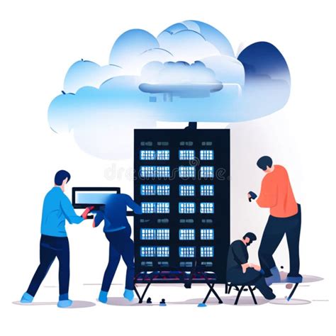 Cloud Computing Concept People Working In Server Room Vector