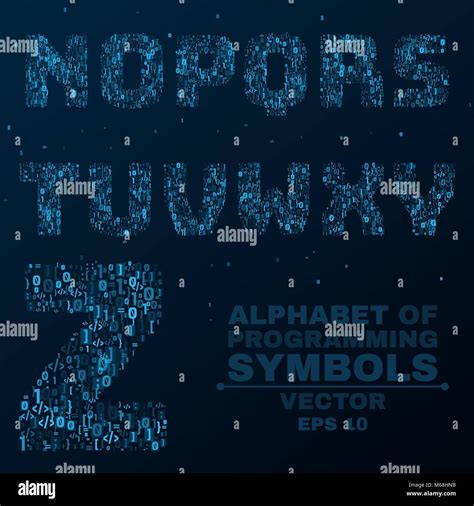 Alphabet From The Symbols Of The Program Code Programming In Design Glowing Letters Are Blue