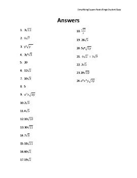 Simplifying Square Roots Bingo By Yellow Blue TPT