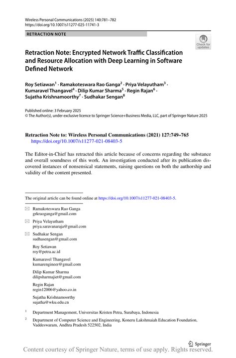 Retraction Note Encrypted Network Traffic Classification And Resource Allocation With Deep