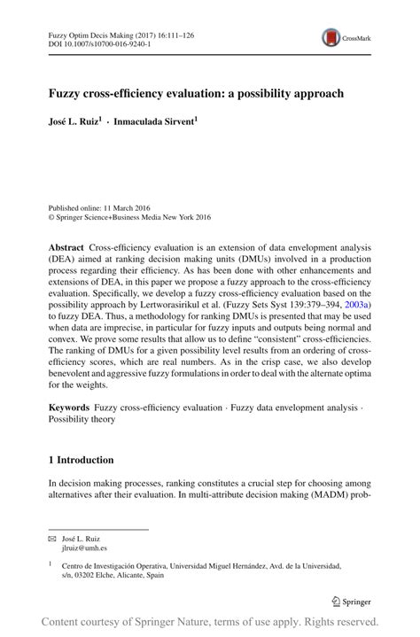 Fuzzy Cross Efficiency Evaluation A Possibility Approach Request Pdf