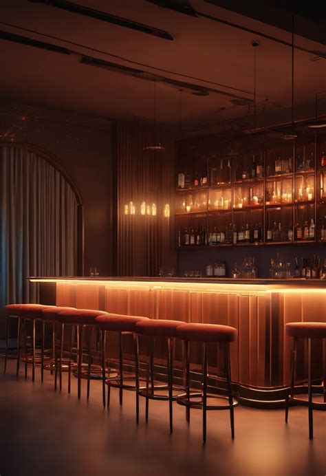 빈 바 어둡고 따뜻한 톤 밤 바 옆에 줄지어 있는 높은 의자 버려진 플랫 테이블 배경에 좌석이 있습니다 Seaart Ai