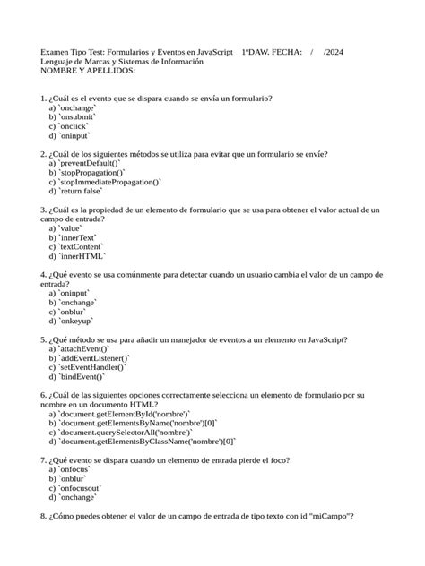 Examen Javascript Html 2024 Pdf Script Java Informática