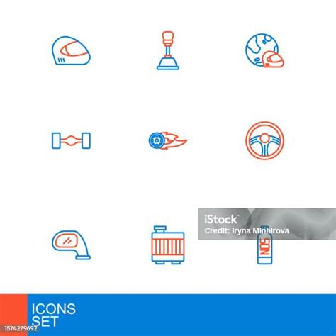 세트 라인 아산화 질소 자동차 라디에이터 냉각 시스템 거울 레이싱 스티어링 휠 섀시 자동차 휠 화재 불꽃 헬멧 및 기어 시프터 아이콘 벡터 거울에 대한 스톡 벡터 아트 및