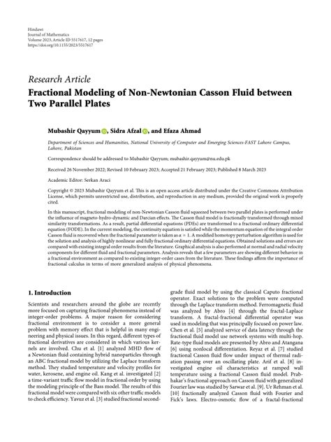 Pdf Fractional Modeling Of Non Newtonian Casson Fluid Between Two