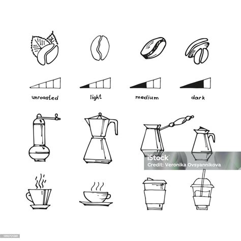손으로 그린 커피 낙서의 큰 세트 음료 디저트 콩 및 기타 관련 물건 벡터 스케치 일러스트레이션 개체 그룹에 대한 스톡 벡터