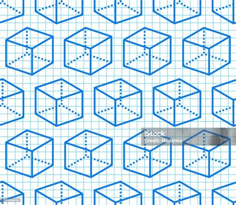 큐브의 플랫 라인 아이콘으로 도형 원활한 패턴 블루 격자 노트북에 그림 기하학 수학 교육 벡터 일러스트 레이 션에 대 한 현대
