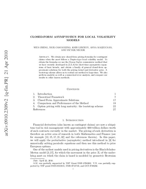 Pdf Closed Form Asymptotics For Local Volatility Models Victor