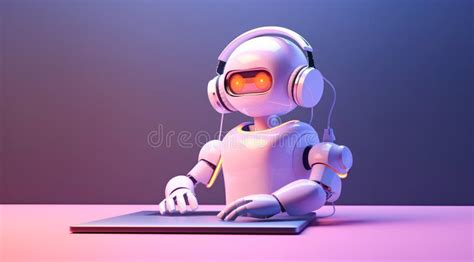 Cute Robot Learning Or Relaxing With Music And Computer Generative Ai Technology Stock