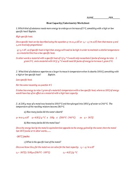 Specific Heat Worksheet Answers