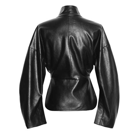 [eam] Свободная куртка из искусственной кожи с трехмерным рисунком новинка стоячий воротник