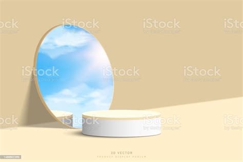 3d 화이트 브라운 연단 디스플레이 구름 하늘 태양이 벽에 기대어 있는 원형 거울 유리에 있는 쇼케이스를 위한 실린더 받침대 또는 무대 모형 또는 제품 프리젠테이션을 위한