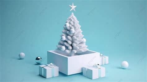 파란색 3d 렌더링의 흰색 선물 상자 꼭대기에 있는 크리스마스 트리 크리스마스 상자 크리스마스 선물 빨간 선물 배경
