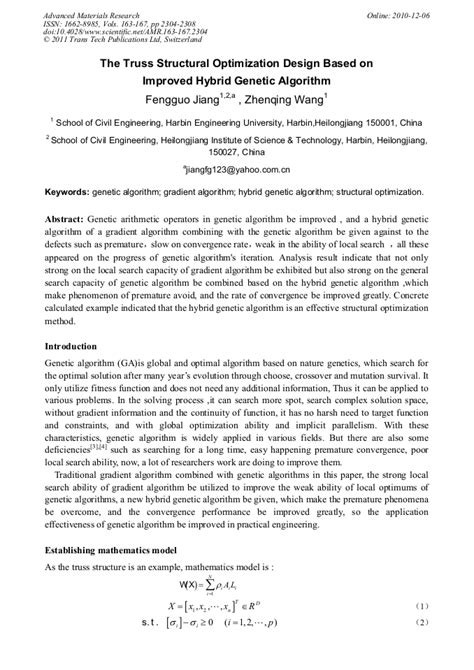 The Truss Structural Optimization Design Based On Improved Hybrid Genetic Algorithm Scientificnet
