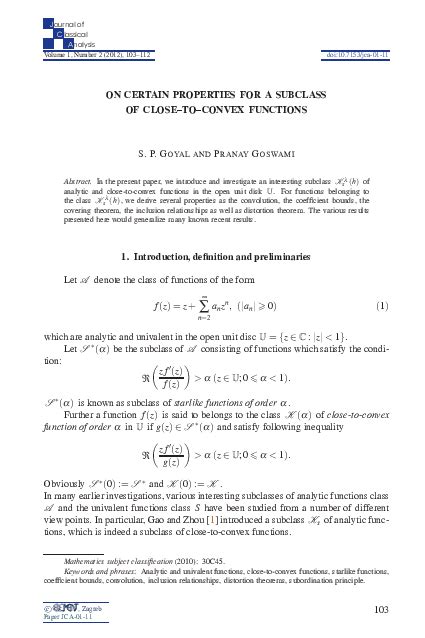 Pdf On Certain Properties For A Subclass Of Close To Convex Functions