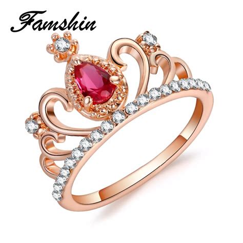 Famshin Princess Queen Crown Rings For Women Birthday Gift Trendy Rose