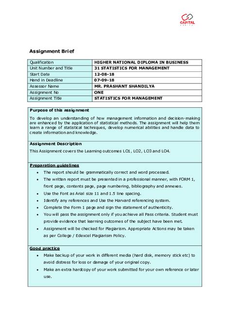 Doc Assignment Brief Qualification Higher National Diploma In Business Unit Number And Title