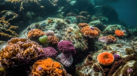 다채로운 산호는 대서양 연안의 수중 바위 위에서 자랍니다 바위에서 자라는 다채로운 산호와 말미잘 고화질 사진 사진 물 배경