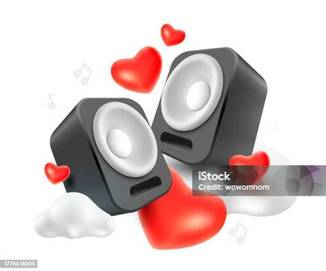 흰색 배경에 구름과 빨간 심장을 가진 백색과 까만 색깔 음악 스피커의 벡터 음악 그림 스피커의 3d 스타일 디자인 음악 개념에 대한 사랑 0명에 대한 스톡 벡터 아트 및