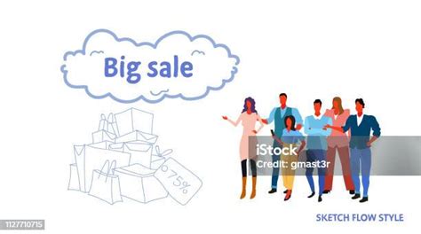 다른 골 판지 상자와 쇼핑백 큰 판매 개념 특별 할인 근처 캐주얼 사람들 그룹 남성 여성 캐릭터 전체 길이 스케치 흐름 스타일 가로 제공 낙서 드로잉에 대한 스톡 벡터 아트