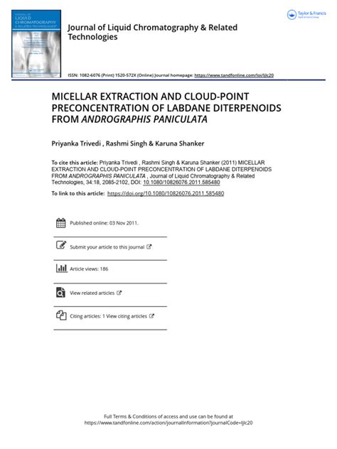 Micellar Extraction And Cloud Point Preconcentration Of Labdane Diterpenoids From Andrographis