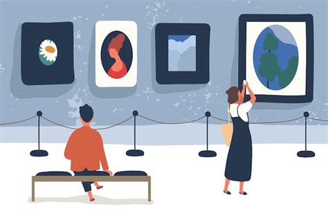 미술관 방문자 평면 벡터 일러스트 레이 션 현대 회화전 회화전 예술 애호가 만화 캐릭터 갤러리 홀 내부 문화 여가 예술 감상 프리미엄 벡터